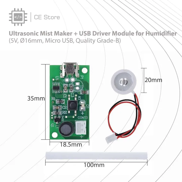 Ultrasonic Mist Maker + USB Driver Module for Humidifier (5V, Ø16mm ...