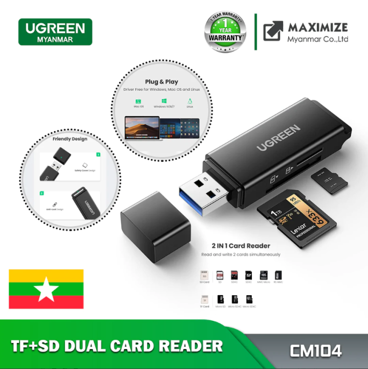 UGREEN CM104 USB 3.0 TO TF+SD DUAL CARD READER, Card Reader For SD Card & TF Card | Shop.com.mm