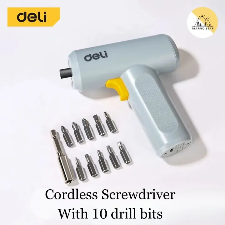 Deli screwdriver drill, screwdriver with 10 drill bits, has LED lights ...