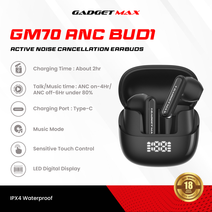Gadget Max - GM70 ANC BUDI Active Noise Cancellation Bluetooth Wireless ...