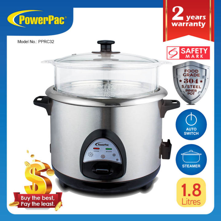 PowerPac 1.8L RICE COOKER WITH STAINLESS STEEL INNER POT FOOD STEAMER ...