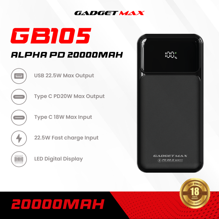 Gadget Max - GB105 Alpha PD 20000mAh PD+QC Fast Charging Digital Power Bank ( PD20W + QC22.5W ...