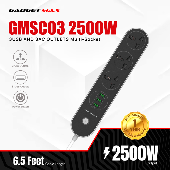 Gadget Max ~ GMSC03 2500W Multi Power Socket ( 3USB / 3 AC / 6.5ft ...