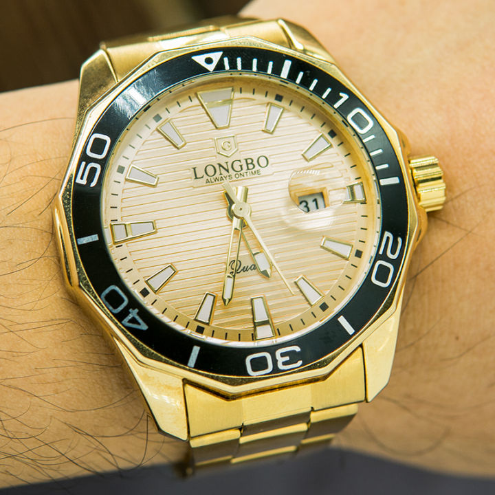 Authentic LONGBO Men's Watch With Gold-Plated Design Date Calendar For ...