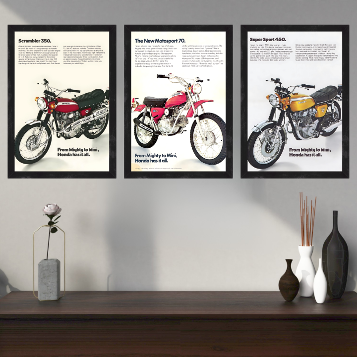 Honda Vintage Bike Wall Decor – Set of 3 Framed A4 Posters (Scrambler ...