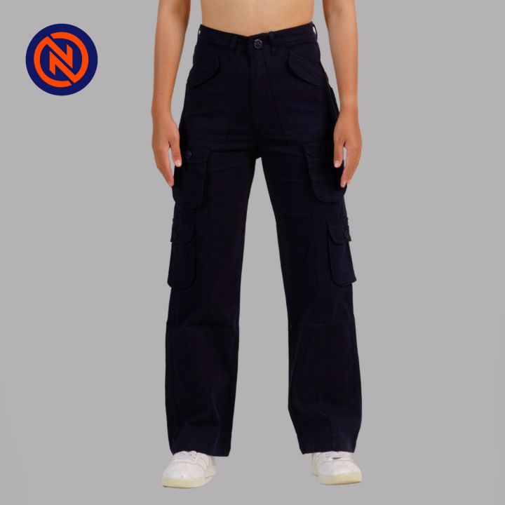 Nepster Navy Blue High Rise Premium Straight Cotton Cargo Box Pants For ...