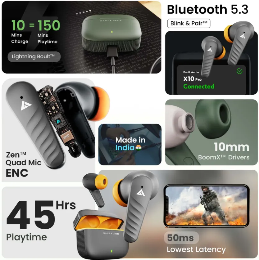 BOULT X10 Pro | 45 Hours Playtime | 10mm Drivers | ZEN Quad Mic ENC ...