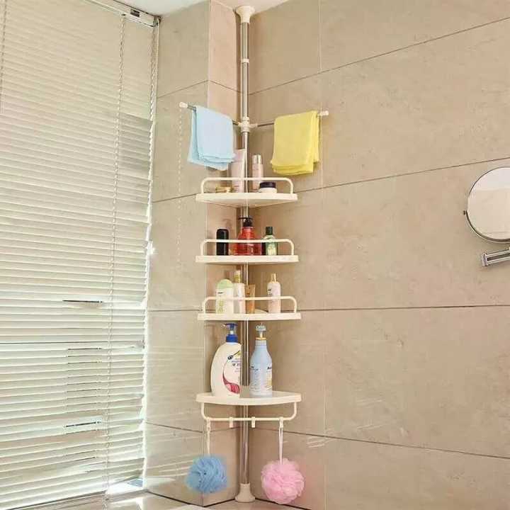 4 Tier Height Adjustable Tension Pole Plastic Tray Bathroom ...