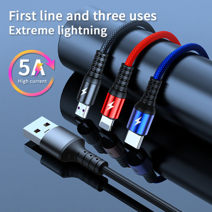 3 in 1 Nylon Braided Strong Charging Cable/5A high current transmission ...