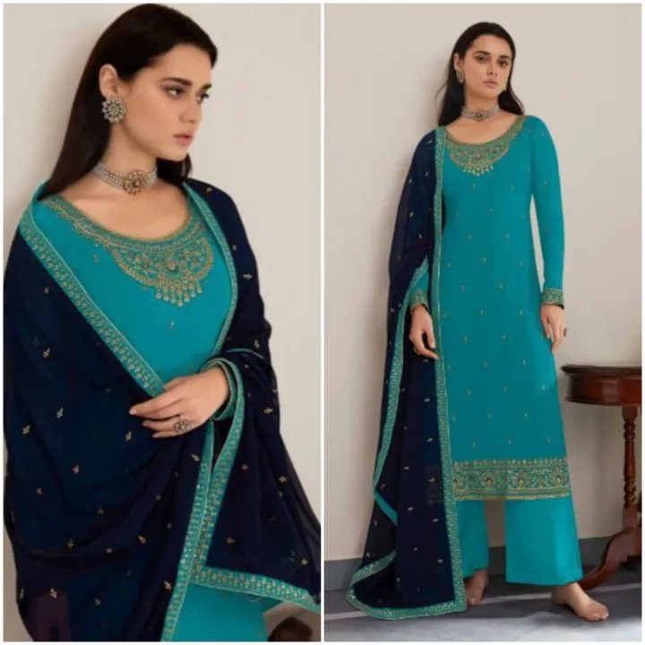 Sea Blue Georgette Partywear Unstitched Kurta Surwal Piece For Women ...