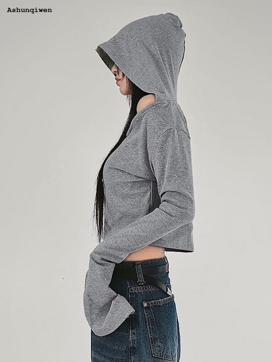 Ashunqiwen 2025 New IAMSURE Waste Soil Style Hooded Cropped T Shirt ...