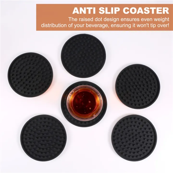 Black Round Silicone Rubber Drink Coasters (Set of 6) Non-Slip Perfect ...