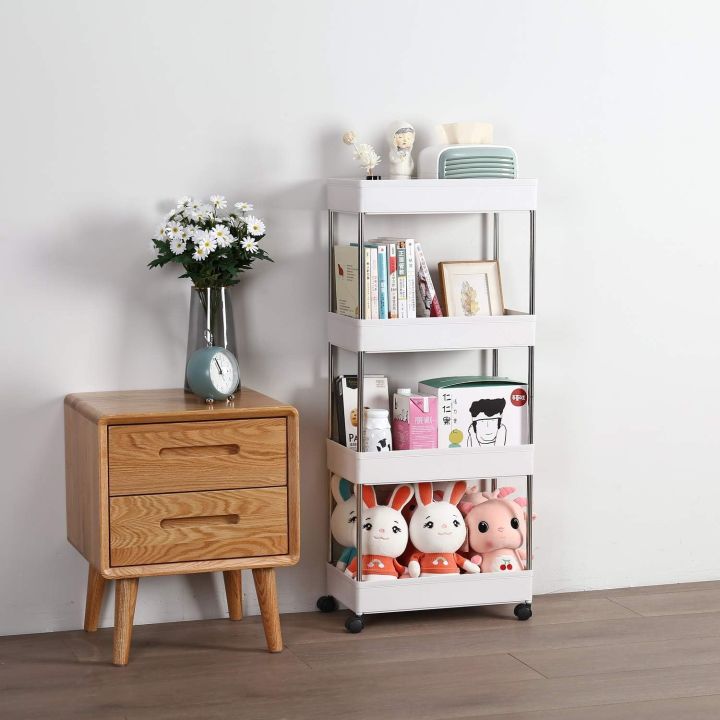 4-Tier Rolling Cart on Wheels, Mobile Slim Rolling Cart with Hooks ...