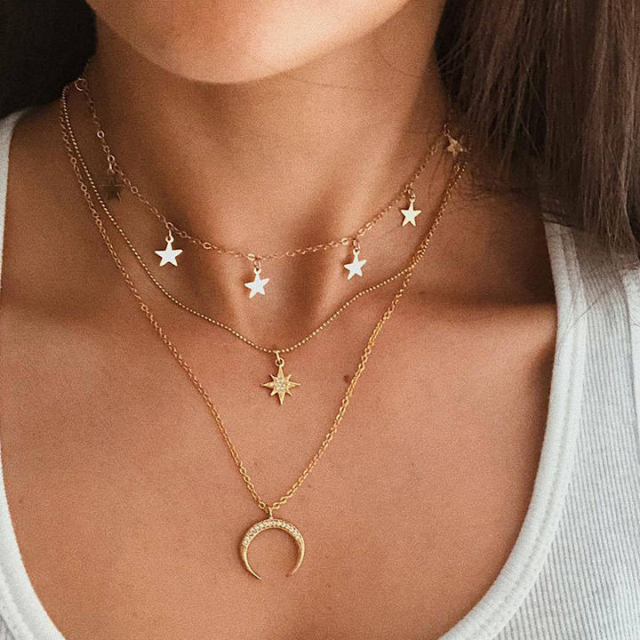 Luxurious Multilayer Alloy Star Moon Pendant Necklace for Women, Silver ...