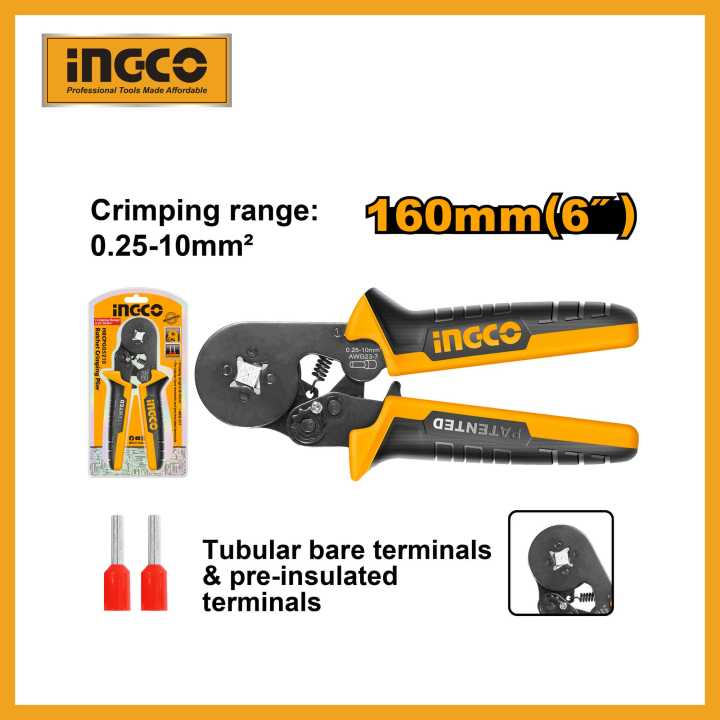 INGCO 6” Ratchet Crimping Plier For Tubular Bare Terminals And Pre ...