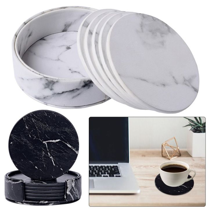 Water Resistant PU Leather Cup Mat Pad Set Round with Holder Marble ...