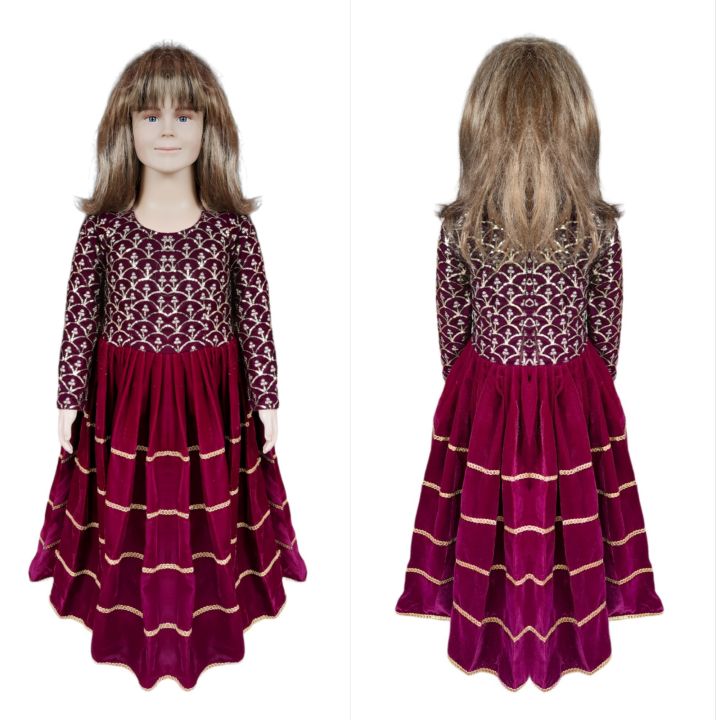 Violet-Red Velvet Gown For Kid Girl | Daraz.com.np