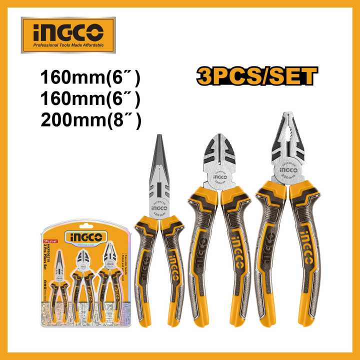 INGCO 3pcs Pliers Set, 8" Combination Pliers and 6" Diagonal Cutting Pliers and 6" Long Nose ...