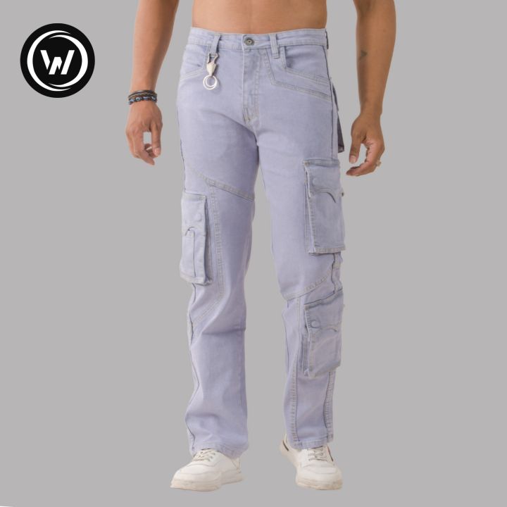 Wraon Light Blue Premium Stretchable Chichi Denim Cargo Box Pant For ...