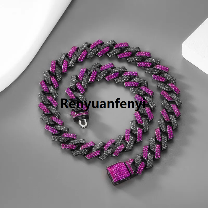 Renyuan 14mm Multicolor Purple Iced Out Crystal Prong Cuban Chain ...