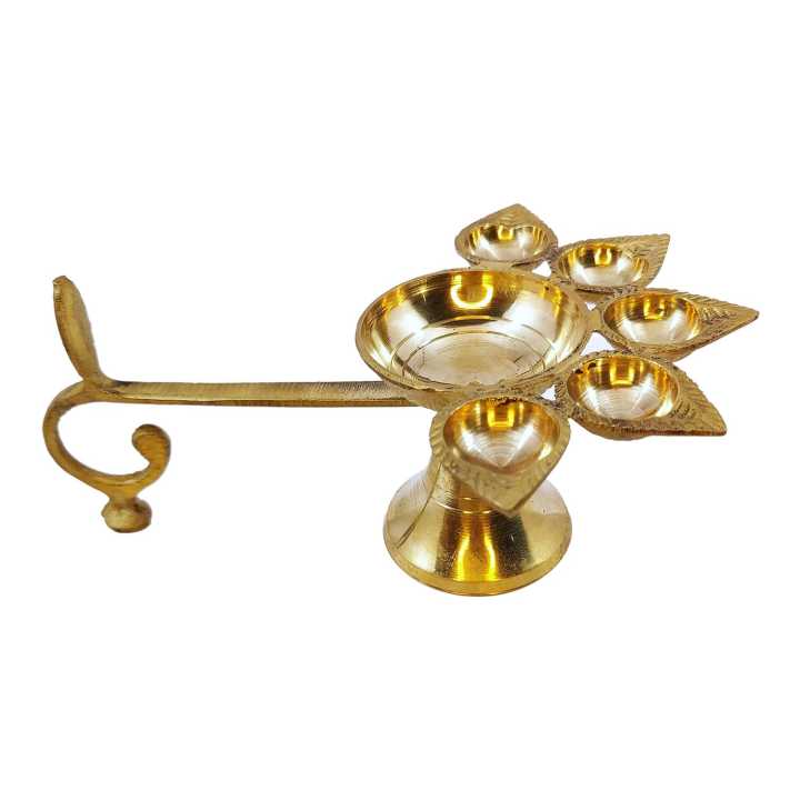 Brass Diya Panchmukhi Deep Arti with Brass Handle for Pooja and Aarti ...