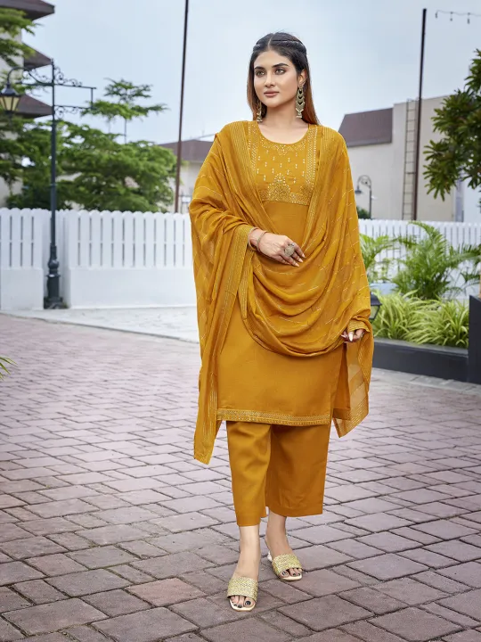 Fabdale Embroidered Yoke Solid Straight Salwar Suit with Dupatta ...