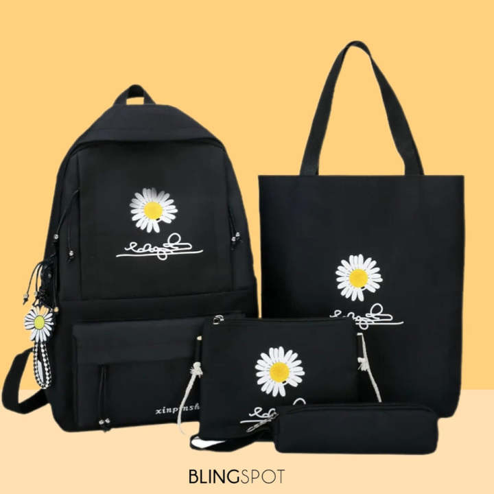 Daisy Flower Black Backpack Set Of 4 | Daraz.com.np