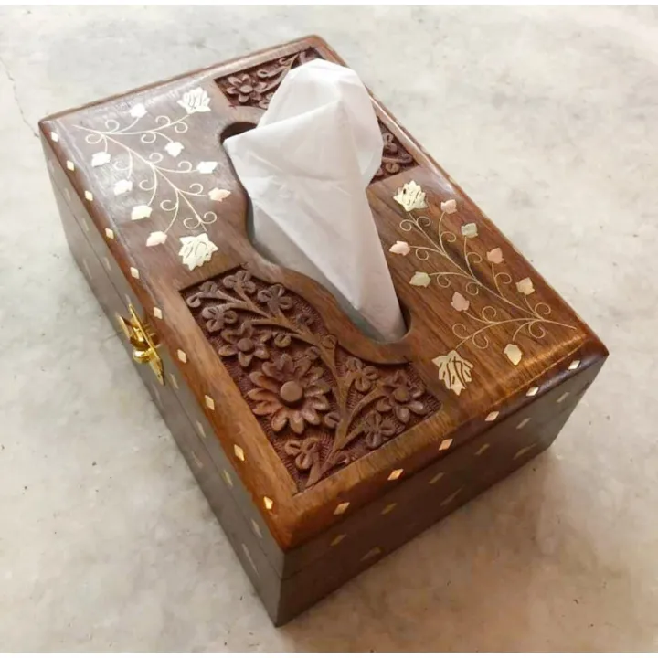 Wooden Tissue Box Napkin Holder Cover with Brass and Copper Inlay and ...