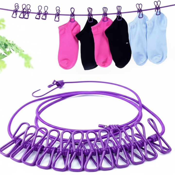 Cloth Drying Rope with 12 Clips – Portable Cloth Hanging Rope for ...