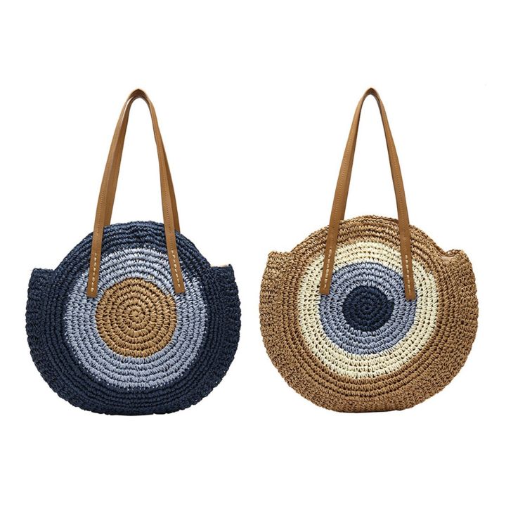 NANLIY 2x Straw Bag Shoulder Bag Center Round Rattan Straw Hand-Woven ...
