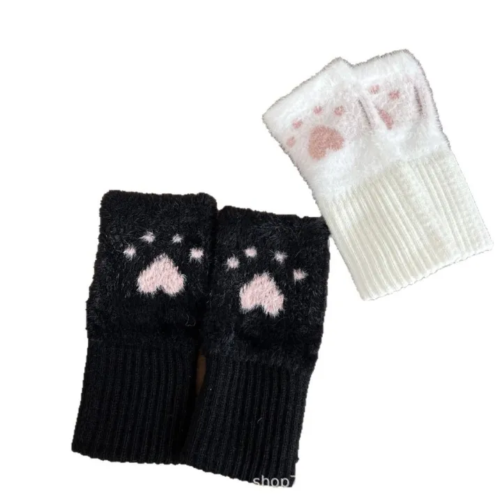 Cute Cat Paw Half Finger Gloves Soft Plush Fingerless Gloves Thicken ...