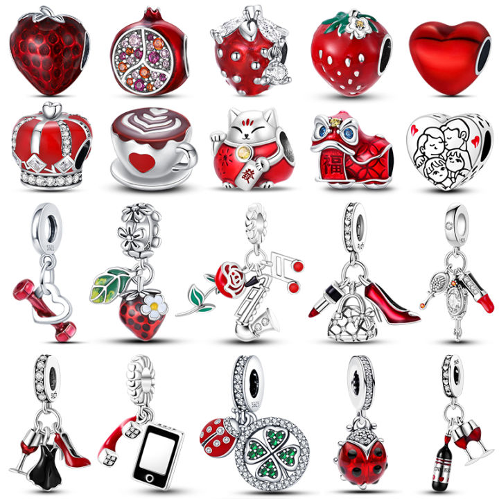Real 925 Sterling Silver Strawberry Lipstick Ladybird Red Charms Bead ...