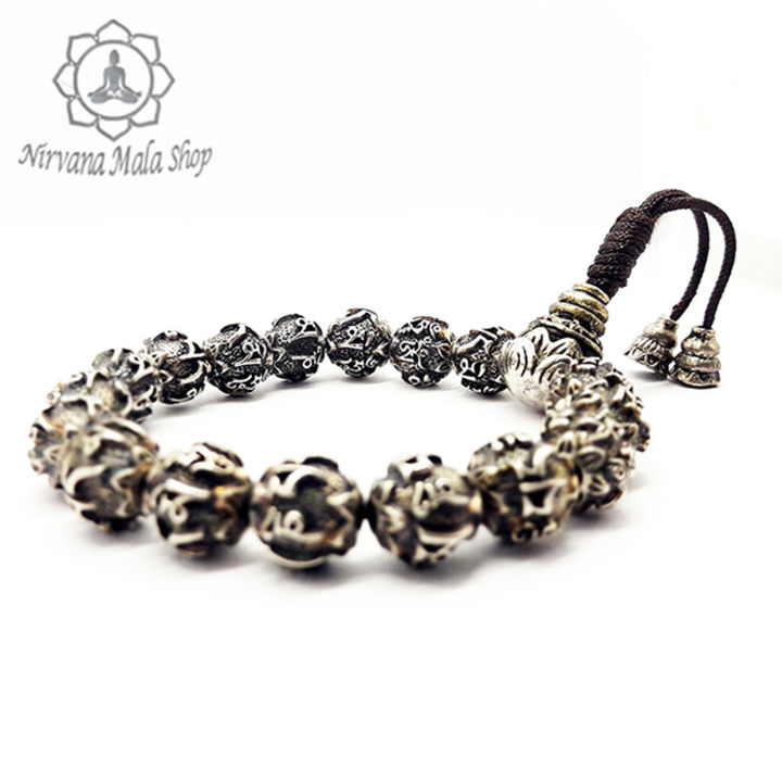 Unisex White Metal Wrist Mala With "Om Mane Padme Om Mantra" Carved ...