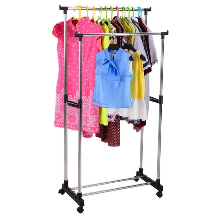 Double Rolling Rail Adjustable Portable Clothes Garment Rack Hanger ...