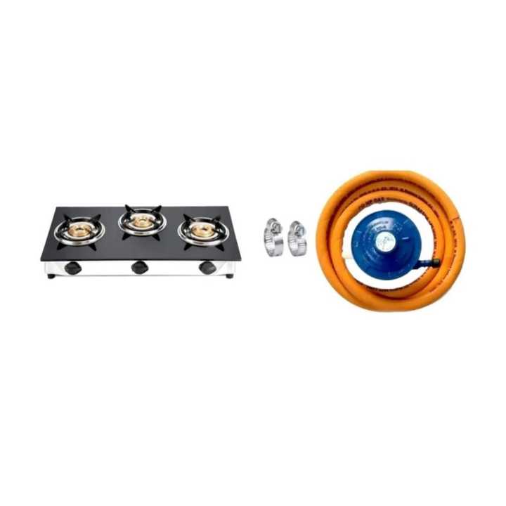 Glass Top 3 Burner Automatic Gas Stove Set With Regulator And Pipe ...