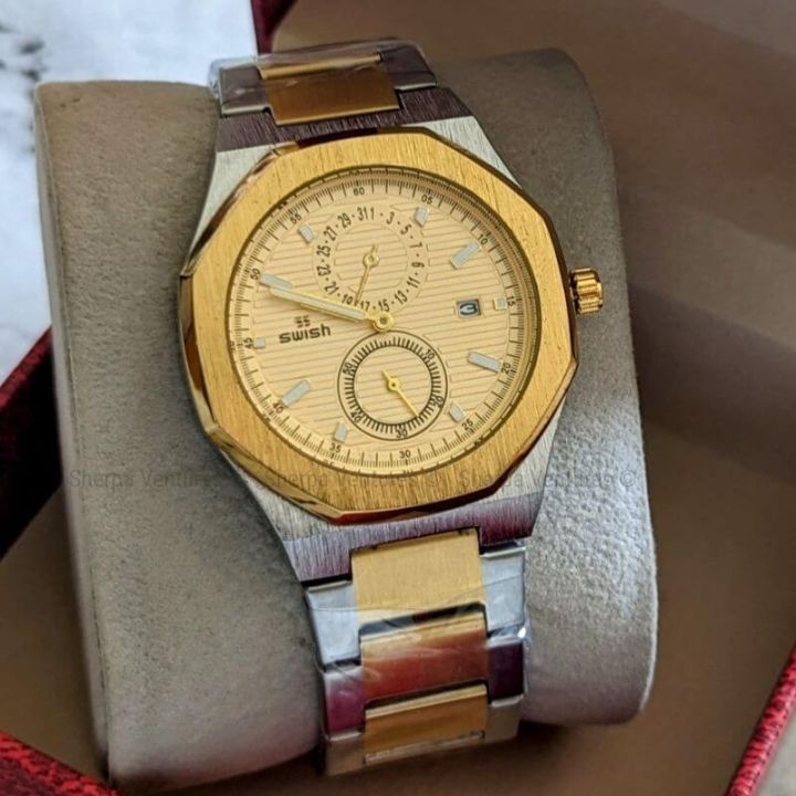 SWISH SW2311 Octagonal Shape Chronograph Date Display Watch For Men - Golden | Daraz.com.np