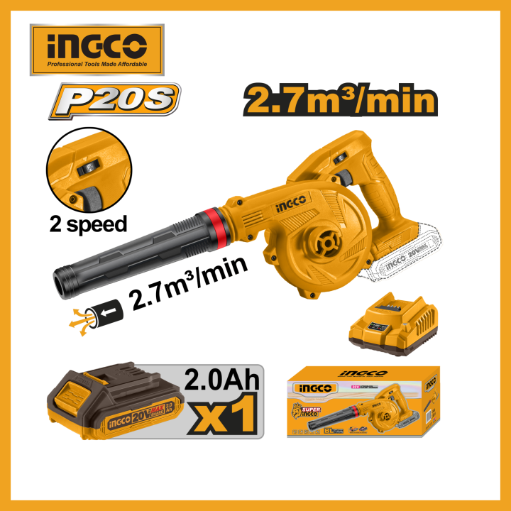 INGCO 20V 2 Speed Cordless Blower With 1 Pcs 2.0Ah Battery Pack and 1 ...