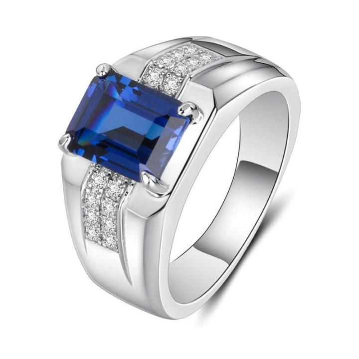 [ New ] Fashion Royal Blue Artificial Sapphire Ring Men's Wide Diamond ...