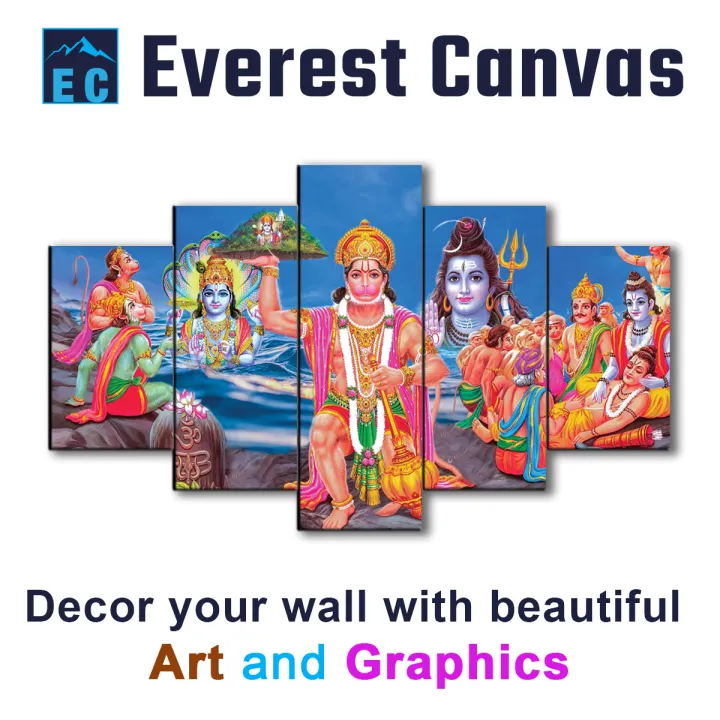 5 Panel God hanuman Canvas Cotton Print tightly Wrapped In Wooden Frame ...