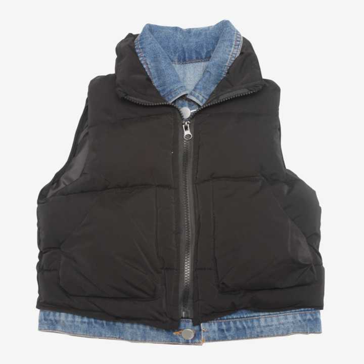 Black Color Plain Inside Jeans Half Puffer Jacket For Girls | Daraz.com.np