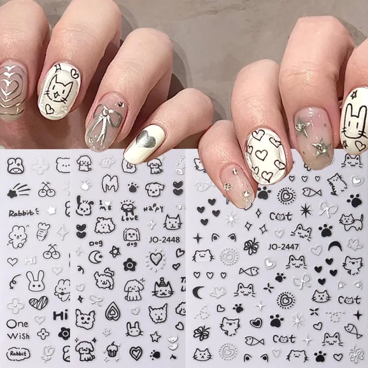 HOT 3D Cartoon Cute Cat Nail Stickers Graffiti Love Heart Gold Bronzing ...