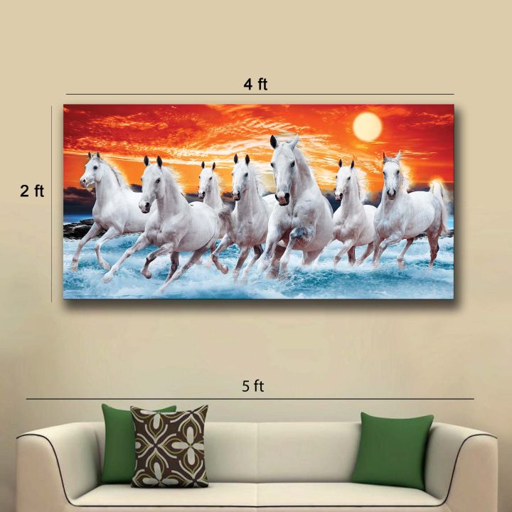 Single Panel Seven White Horse Running On Bluish Water In Colorful ...