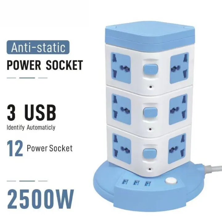 Lucky Hawk LH-A03UL Anti-Static Vertical Multiplug 2500W 10A Max with 3 USB & 12 Power Sockets ...