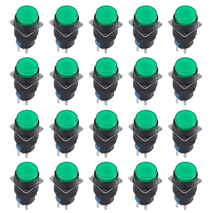 HYQZLTCA 20X AC 250V 5A SPDT 1NO 1NC 5 Pins Latching Green Push Button ...