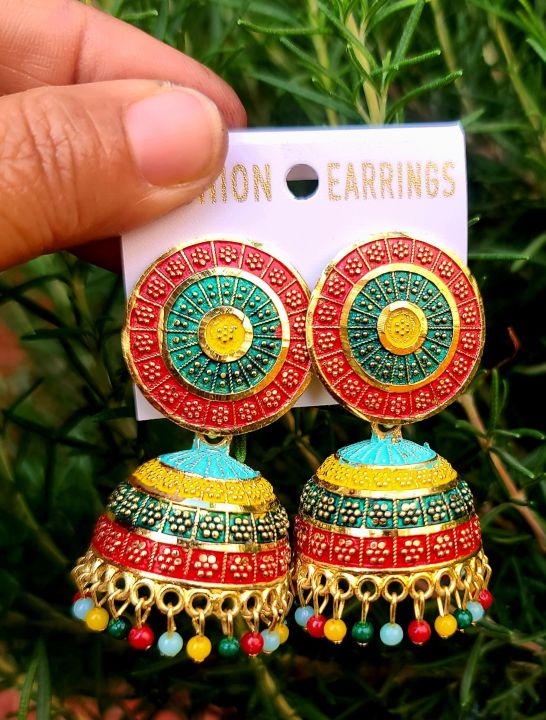 Gold Plated Colourful Meenawork Pinjada Shaped Jhumka For Women | Daraz ...