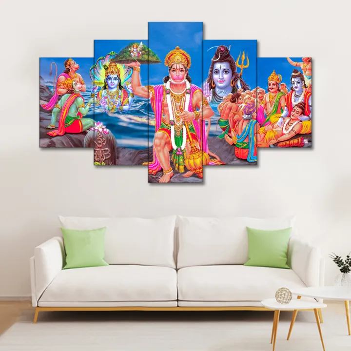 5 Panel God hanuman Canvas Cotton Print tightly Wrapped In Wooden Frame ...