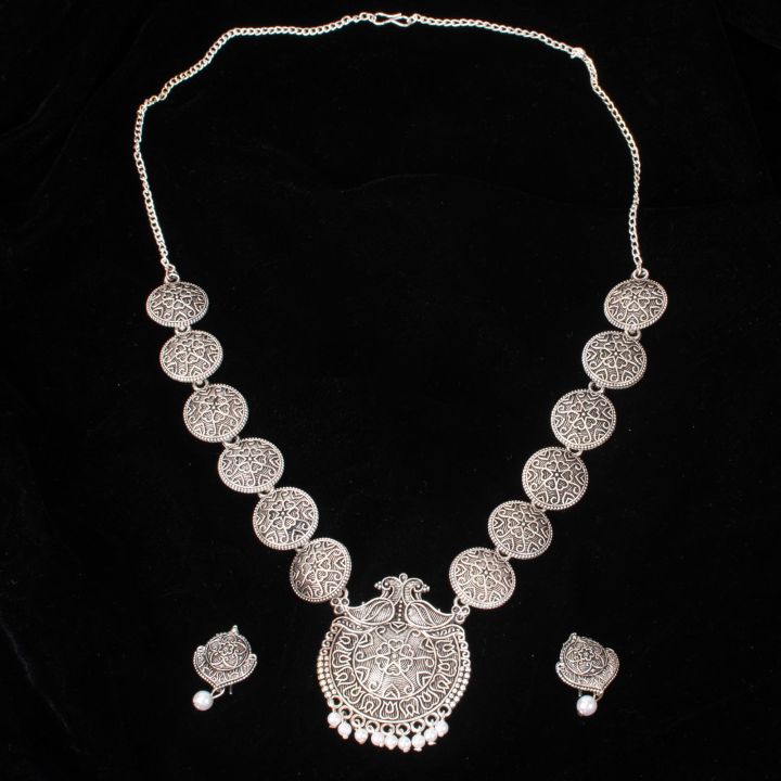 Jewels of Nepal Silver Oxidized Long Necklace & Earrings Set for Women ...
