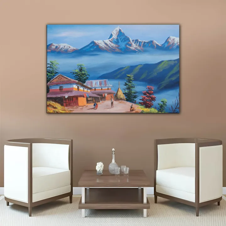 Single Panel Mountain Village Art Painting Print stretched in wooden ...