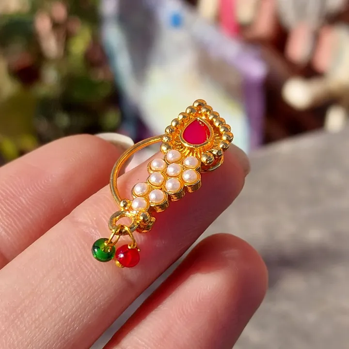 Latest Design Maharashtrian Nath White Pearl Multicolor AD Nose Pin Marathi Press Banu Nath Wedding Bridal Jewellery Latest Stylish Nose Ring For Women Nose Ring For Women Daraz .np