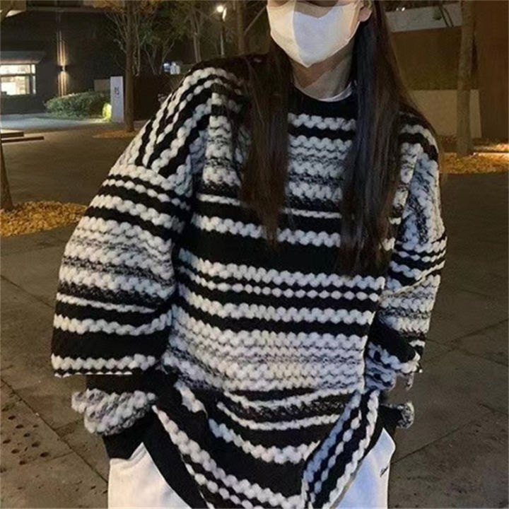 Pebbles Nepal Black and White Striped Loose Lazy Style Pullover Knitted ...
